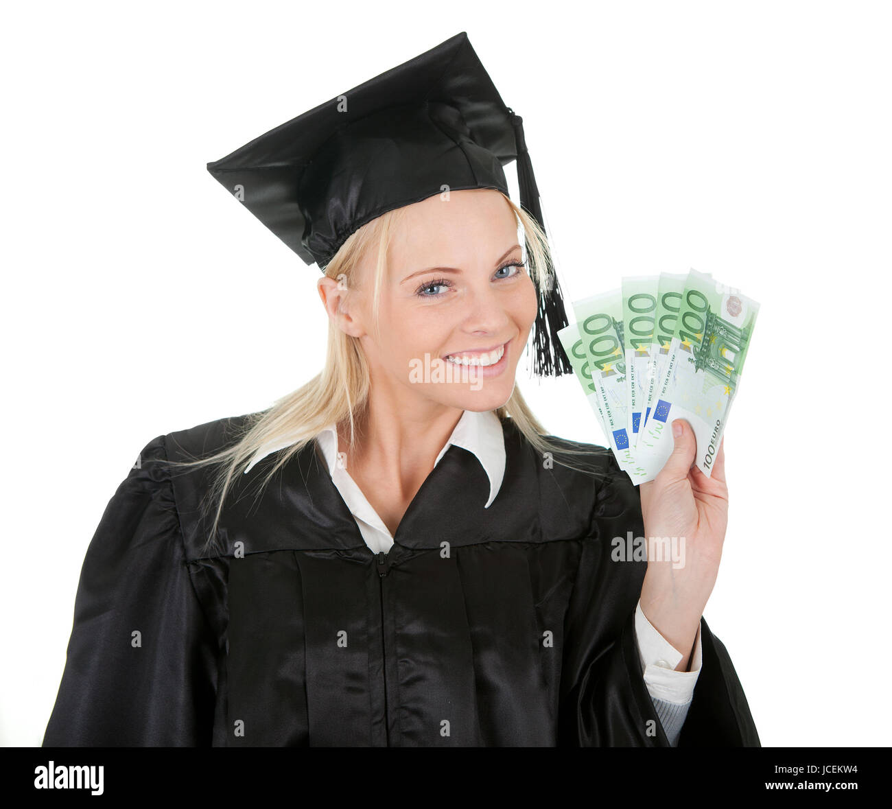 Female graduate student holding money. Isolated on white Stock Photo ...