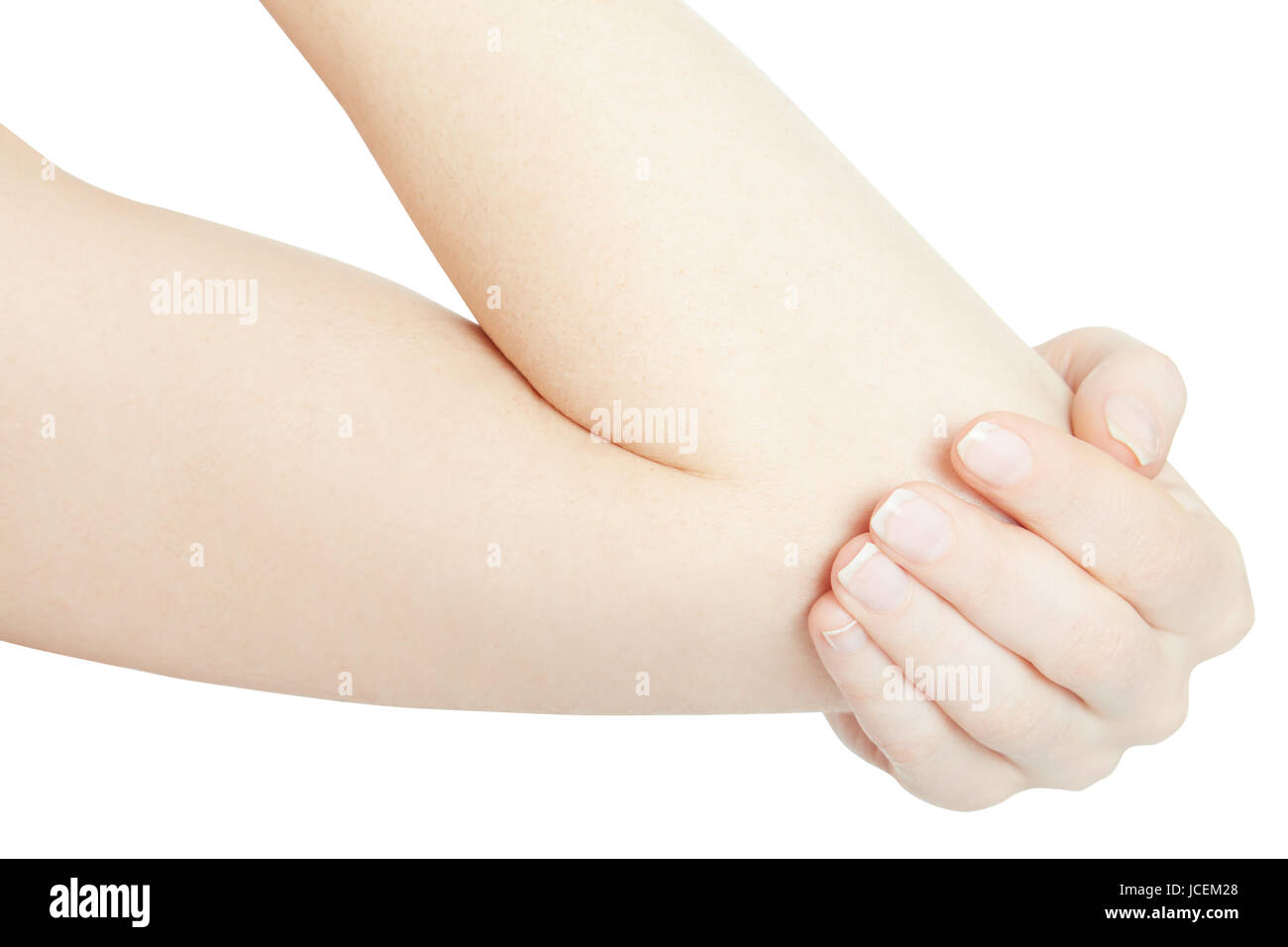 Woman hand holding painful elbow isolated on white, clipping path Stock ...