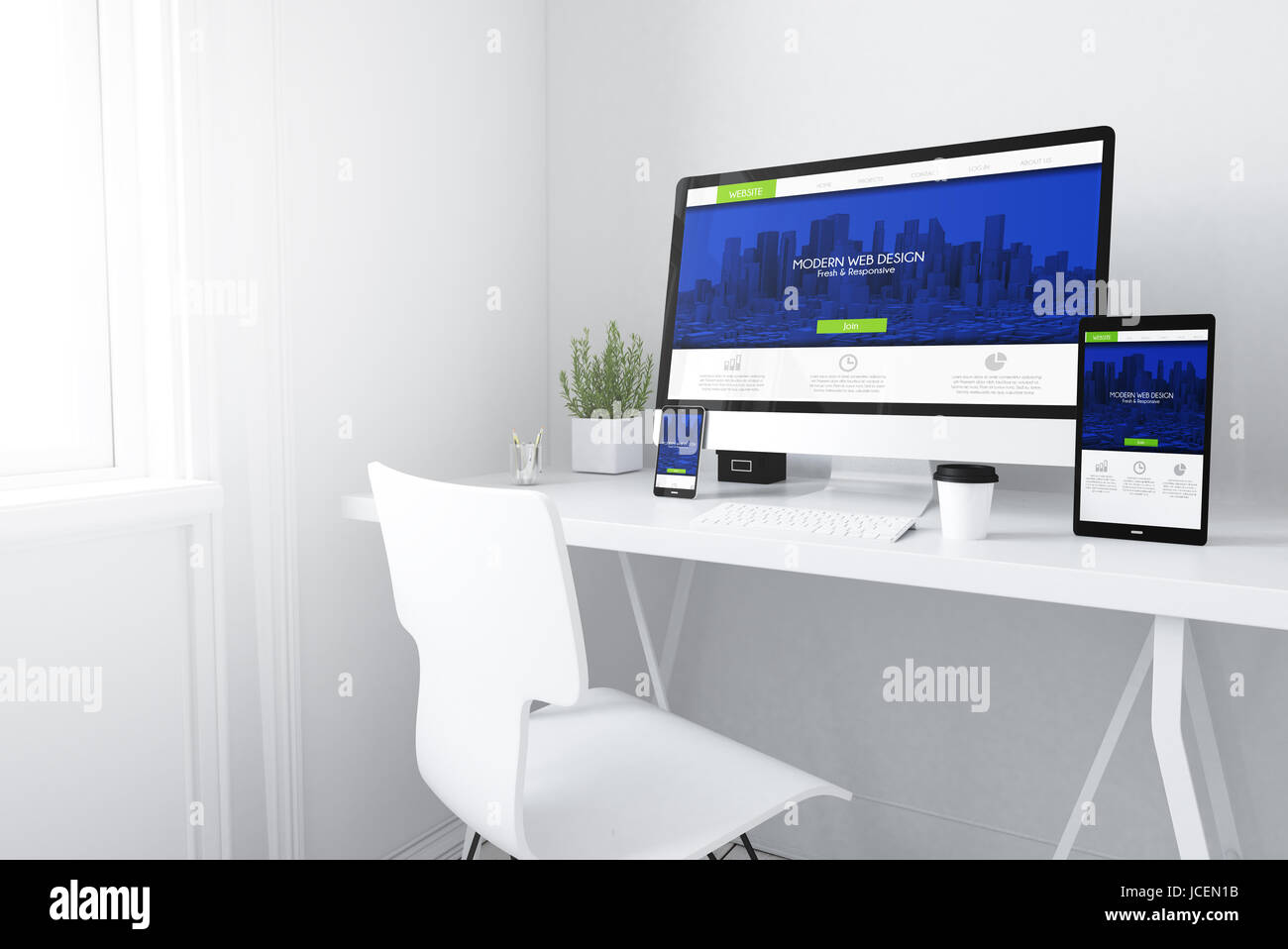 3d rendering of devices on desktop. responsive cool and modern home ...