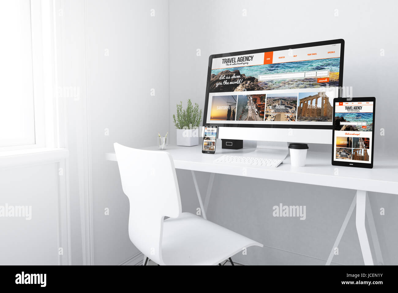 3d rendering of devices on desktop. travel agency website on screens Stock Photo - Alamy