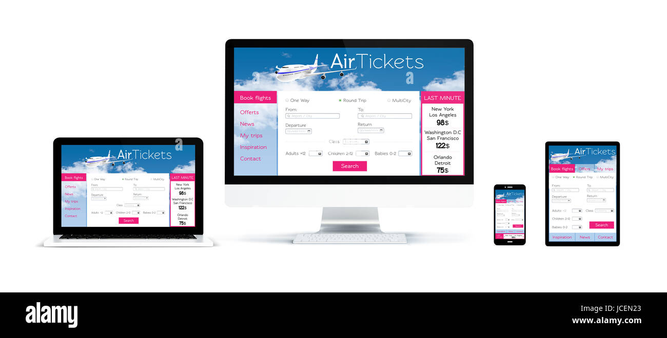 3d rendering of realistic isolated devices showing air tickets website ...