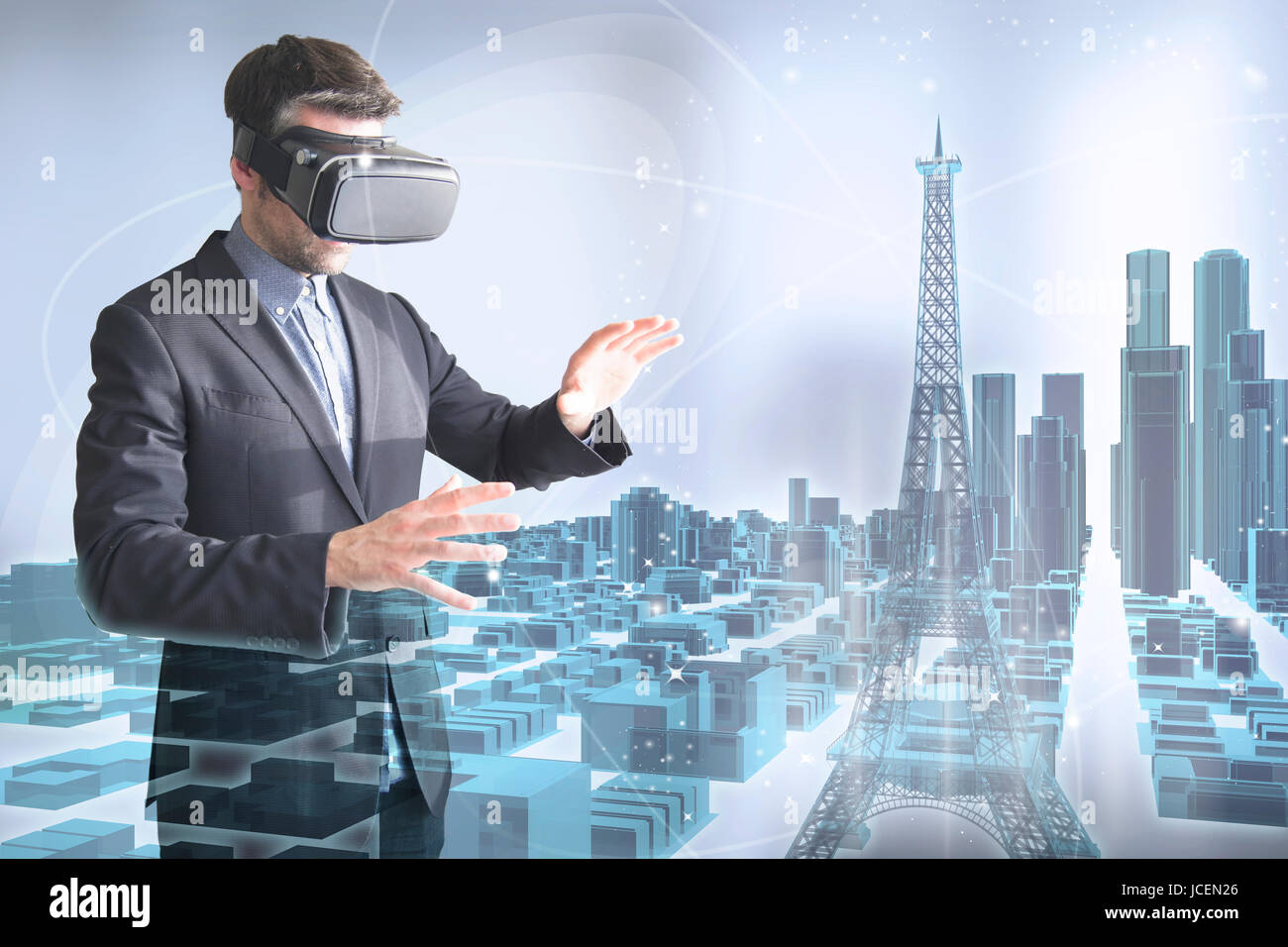 virtual tourism concept: man with vr glasses surfing a 3d holographic ...