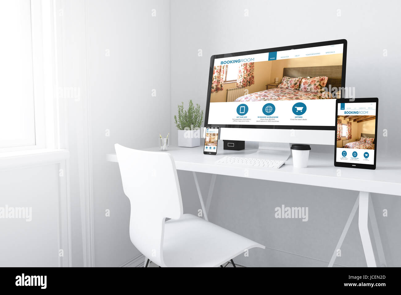 3d rendering of devices on desktop. booking room browser website on ...