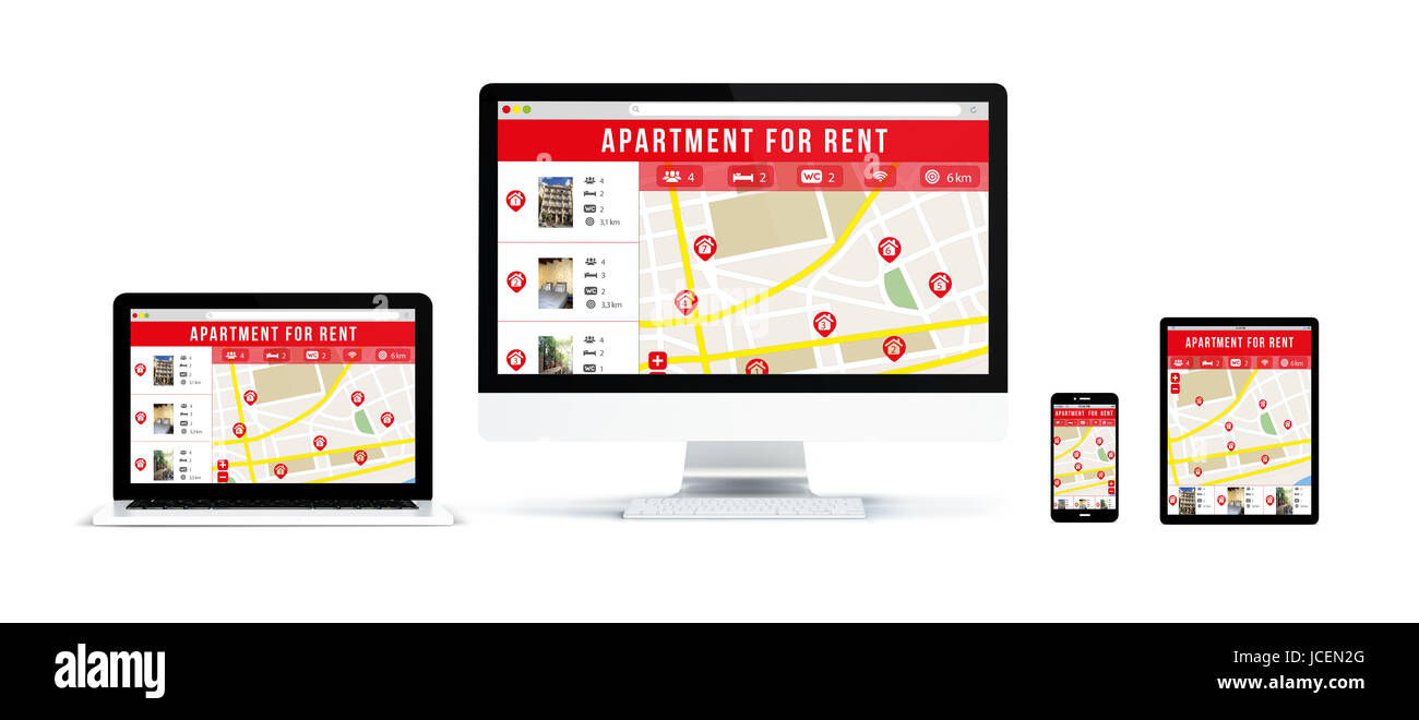 3d rendering of realistic isolated devices showing apartment for rent ...