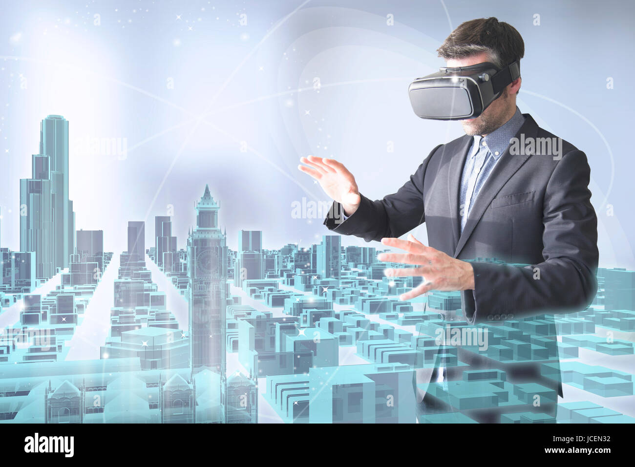virtual tourism concept: man with vr glasses surfing a 3d holographic ...