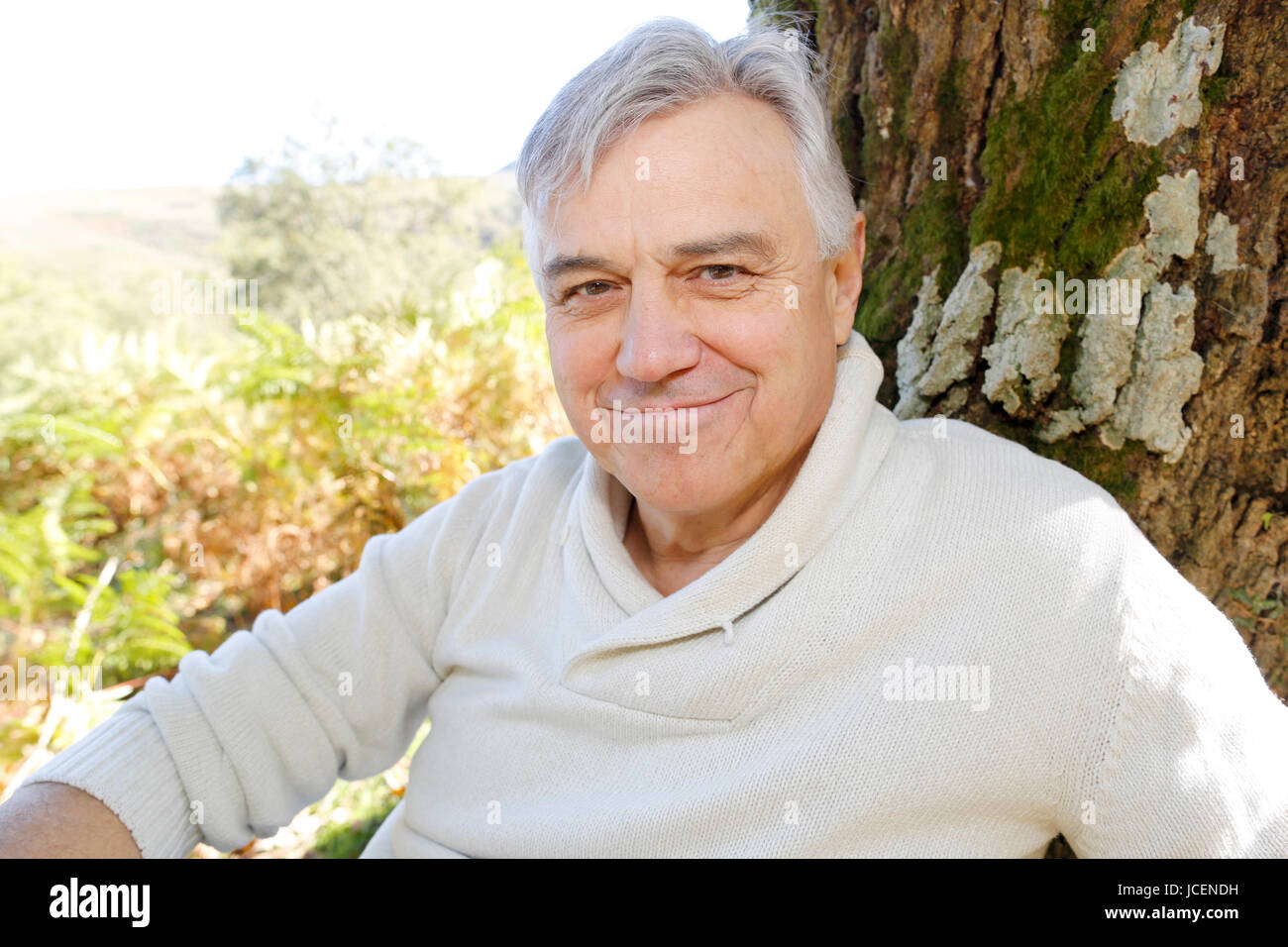 Senior man relaxing in nature, leant againt tree Stock Photo - Alamy
