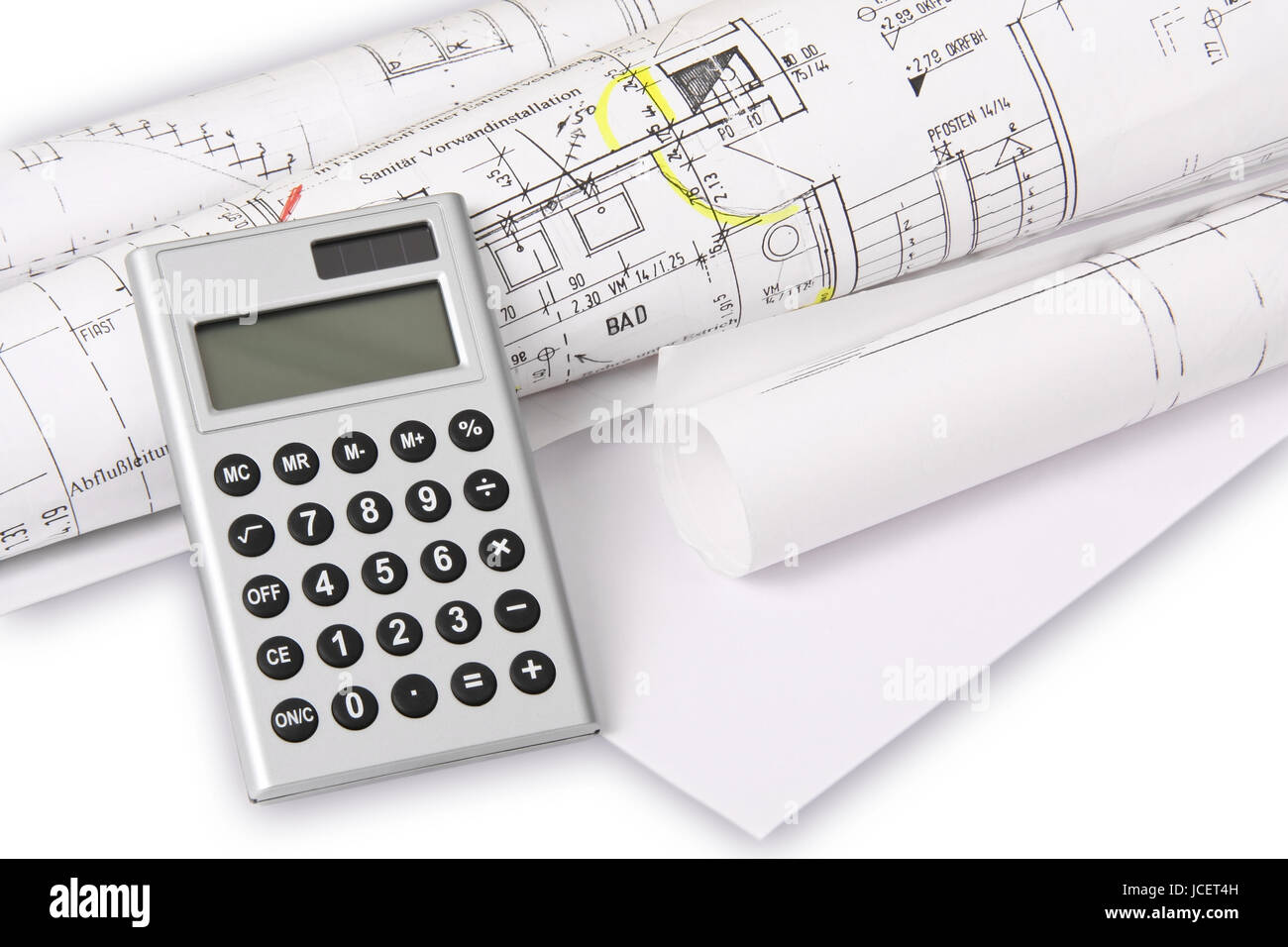 calculator with architect`s plan Stock Photo - Alamy