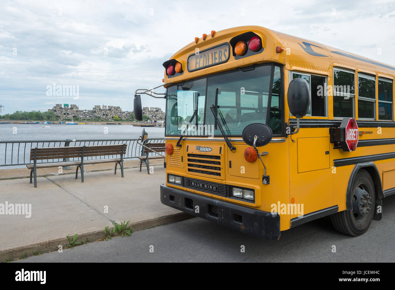 Montreal, Canada - 9 June 2017: Yellow buses parked in the old port of ...