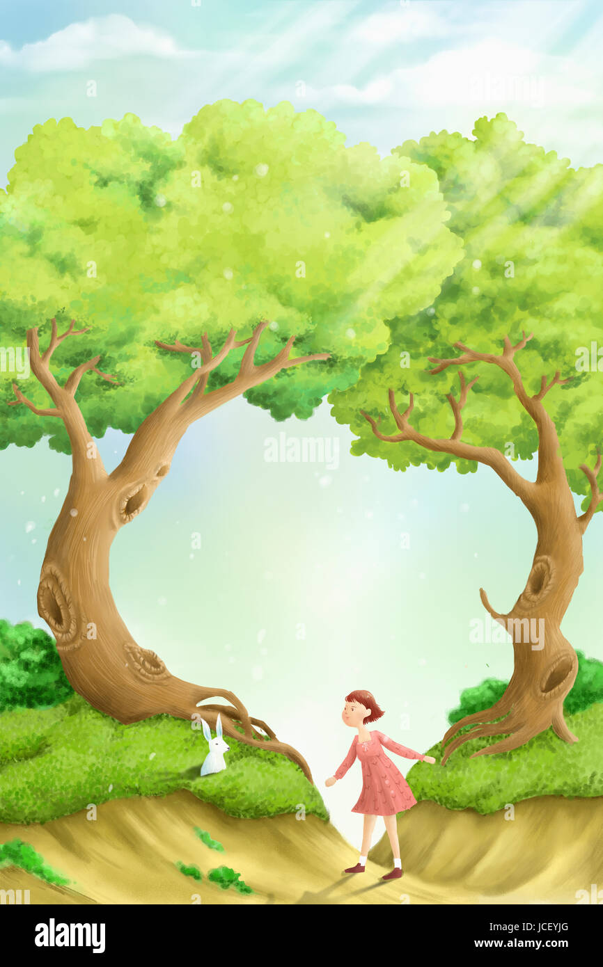 Girl watching a rabbit in forest Stock Photo - Alamy