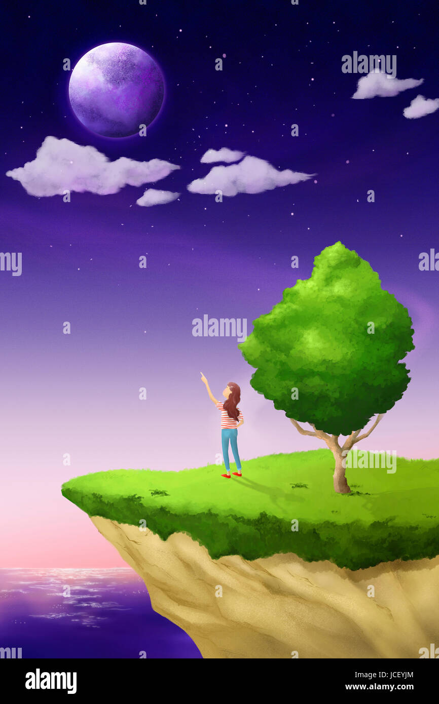 Girl standing on field pointing at full moon in sky Stock Photo - Alamy