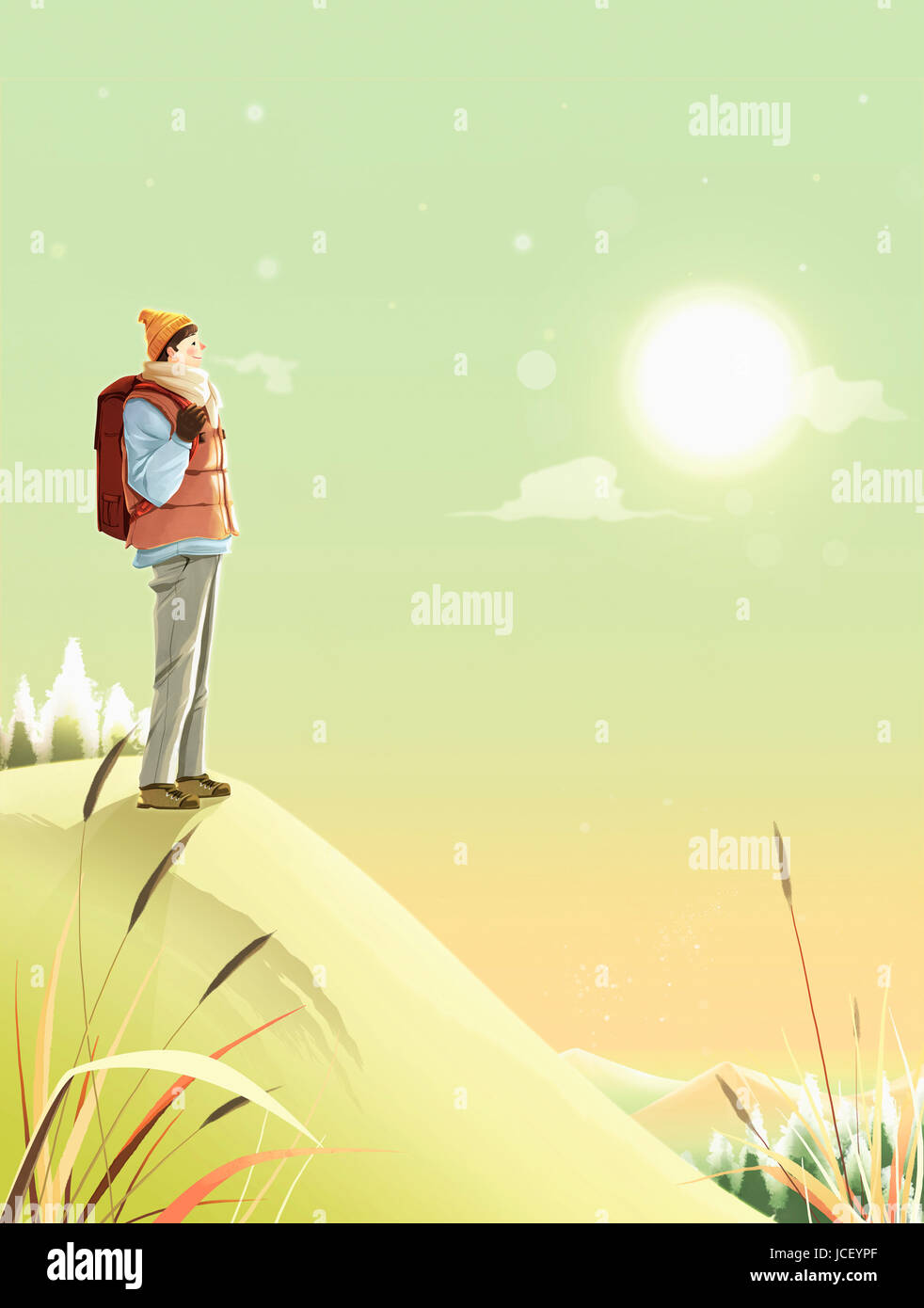 Side view of male backpacker standing on top of mountain at sunrise ...