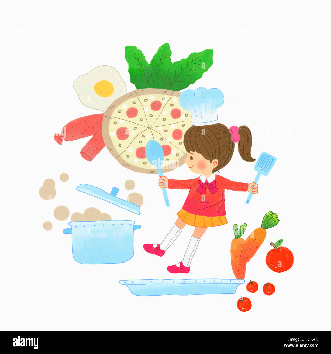 Elementary school girl with kitchen supplies, cooking class Stock Photo ...