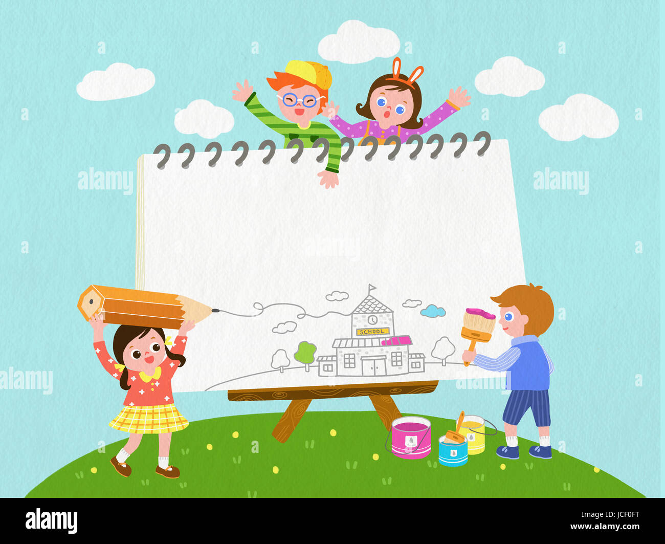 Smiling elementary school kids painting together Stock Photo - Alamy