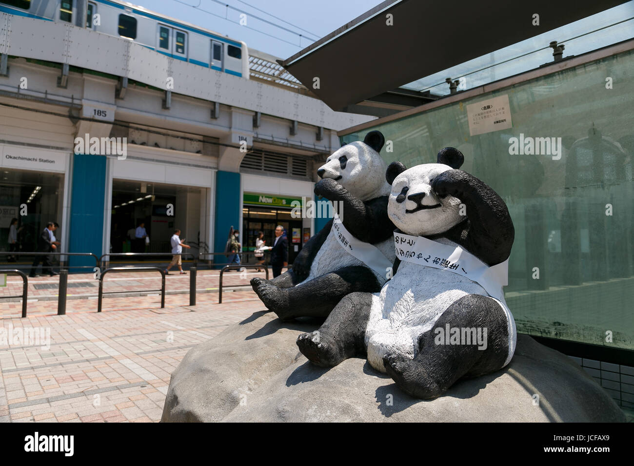 Statues of Ueno Zoo's giant pandas with a message written in Japanese ...