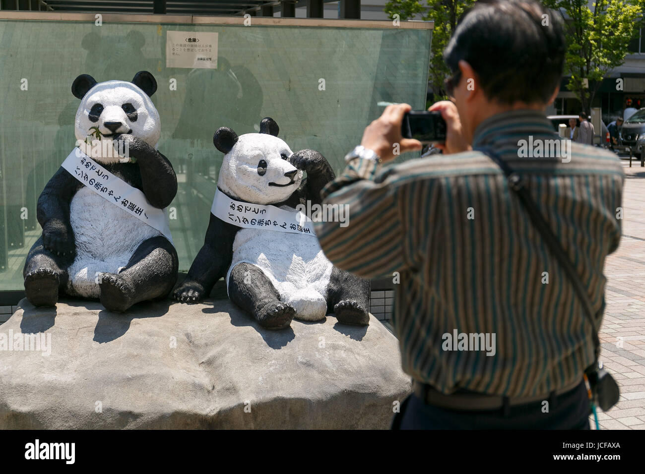 A man takes a picture of the statues of Ueno Zoo's giant pandas with a ...