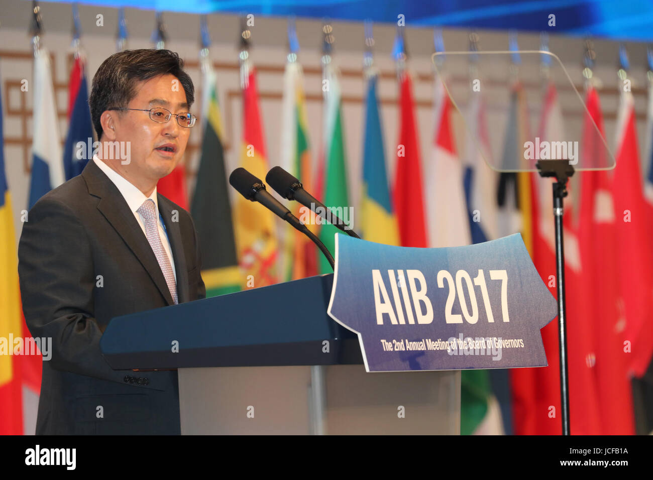 AIIB meeting opens South Korea's Finance Minister Kim Dong-yeon delivers a keynote speech at the ...