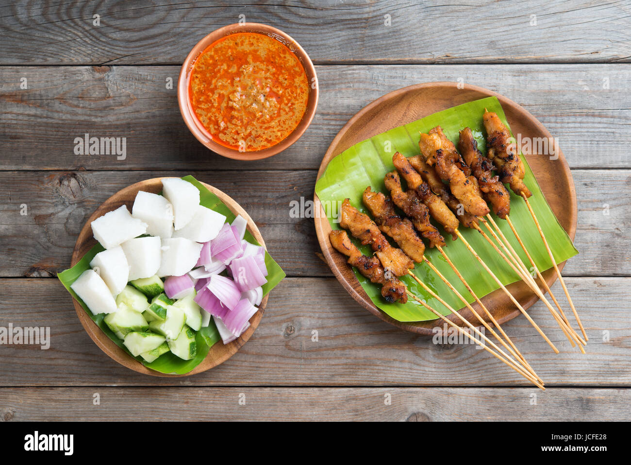 Overhead view Malaysian chicken sate with delicious peanut sauce ...