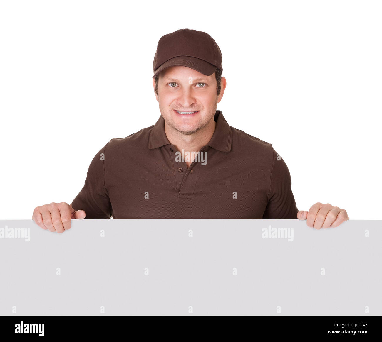 Postman presenting empty banner. Isolated on white background Stock ...