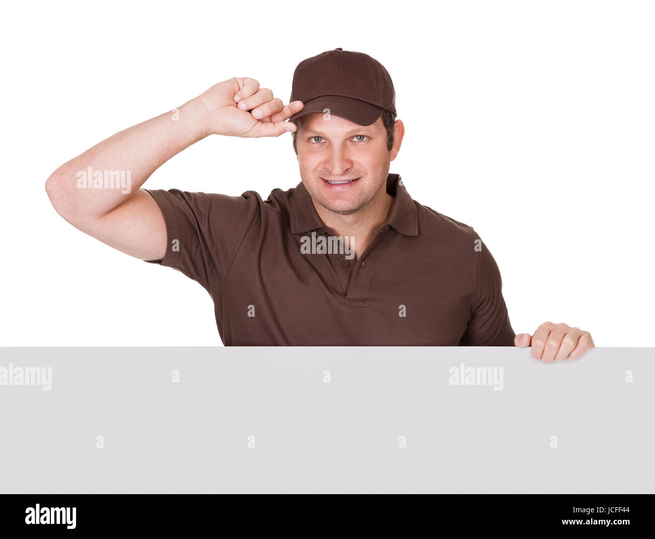 Postman presenting empty banner. Isolated on white background Stock ...