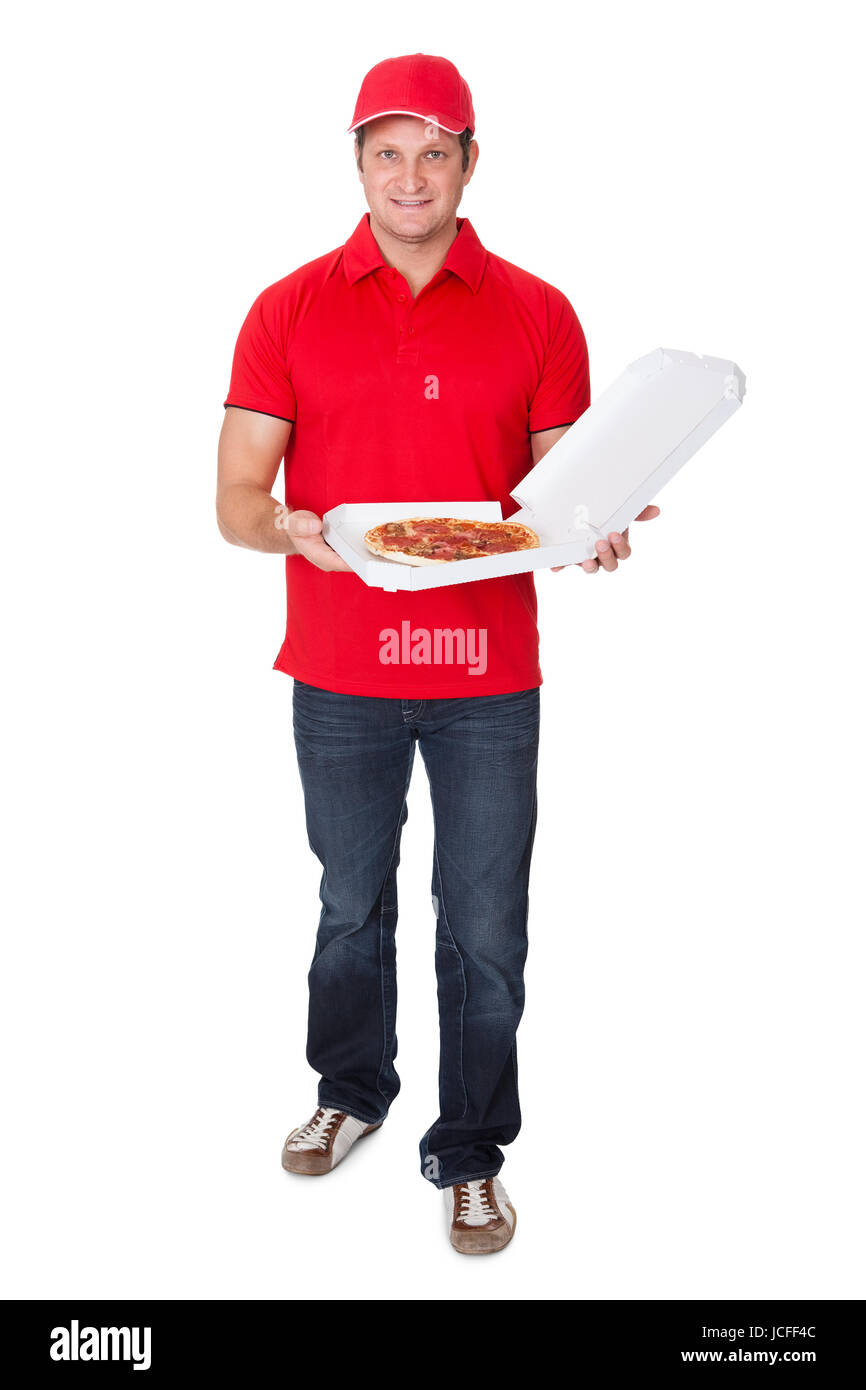 Portrait of pizza delivery guy. Isolated on white background Stock ...