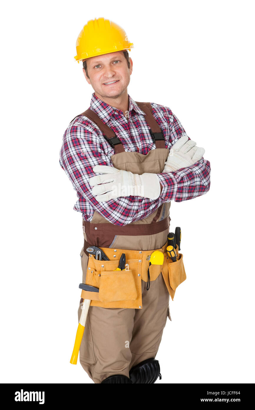 Portrait of construction worker. Isolated on white background Stock ...