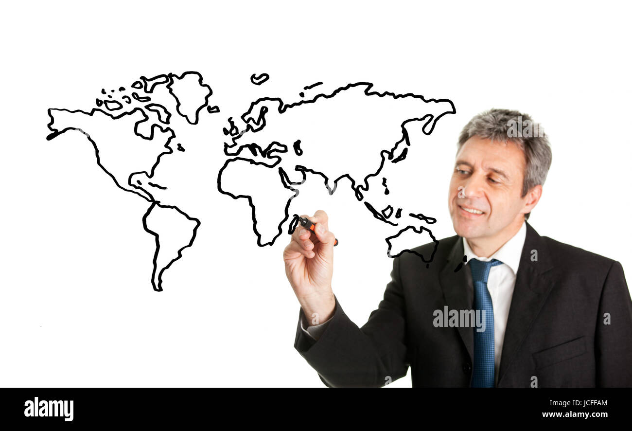 Man drawing world map on white screen Stock Photo - Alamy