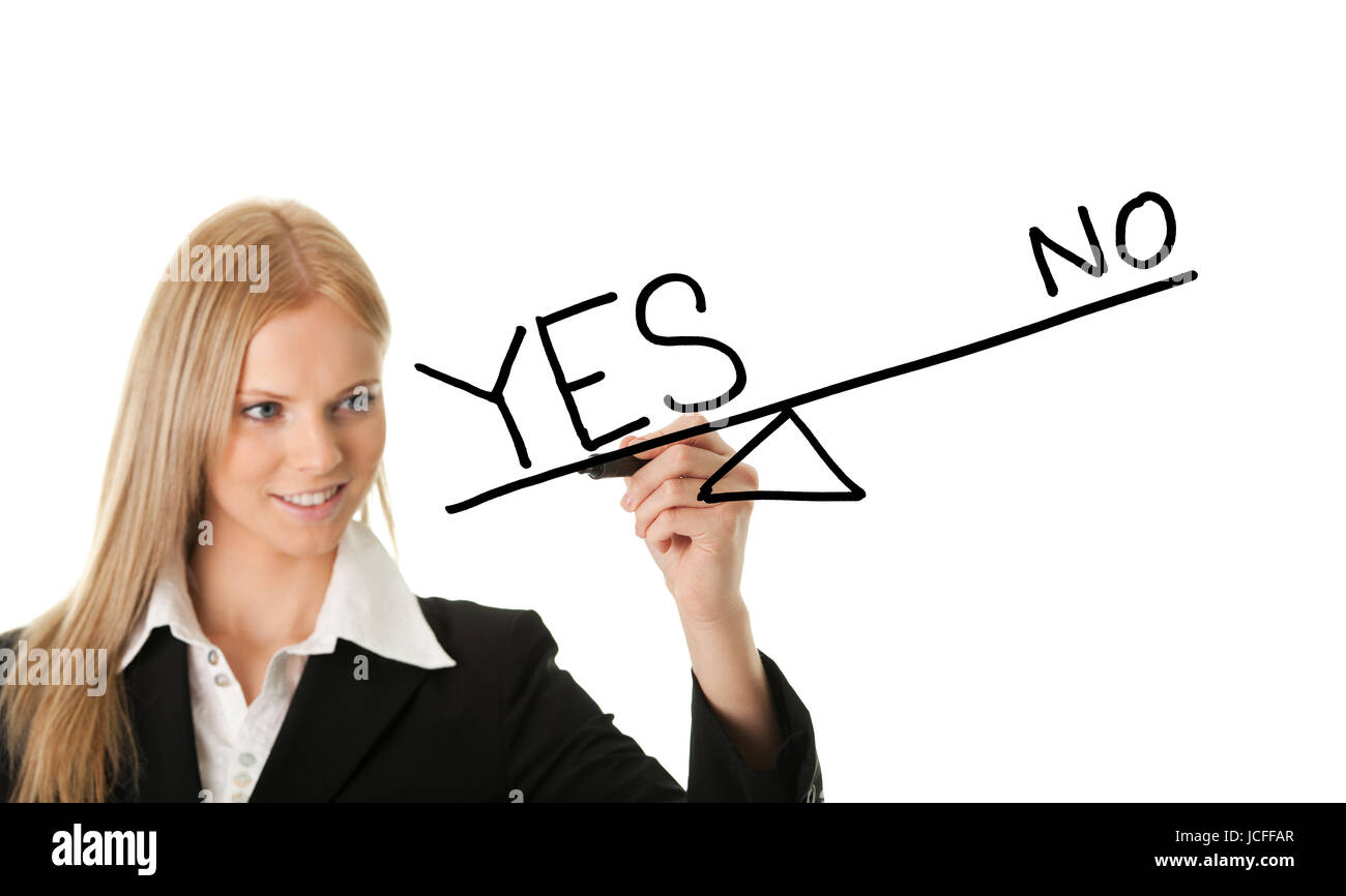 Woman drawing yes overweighting no concept on white screen Stock Photo ...