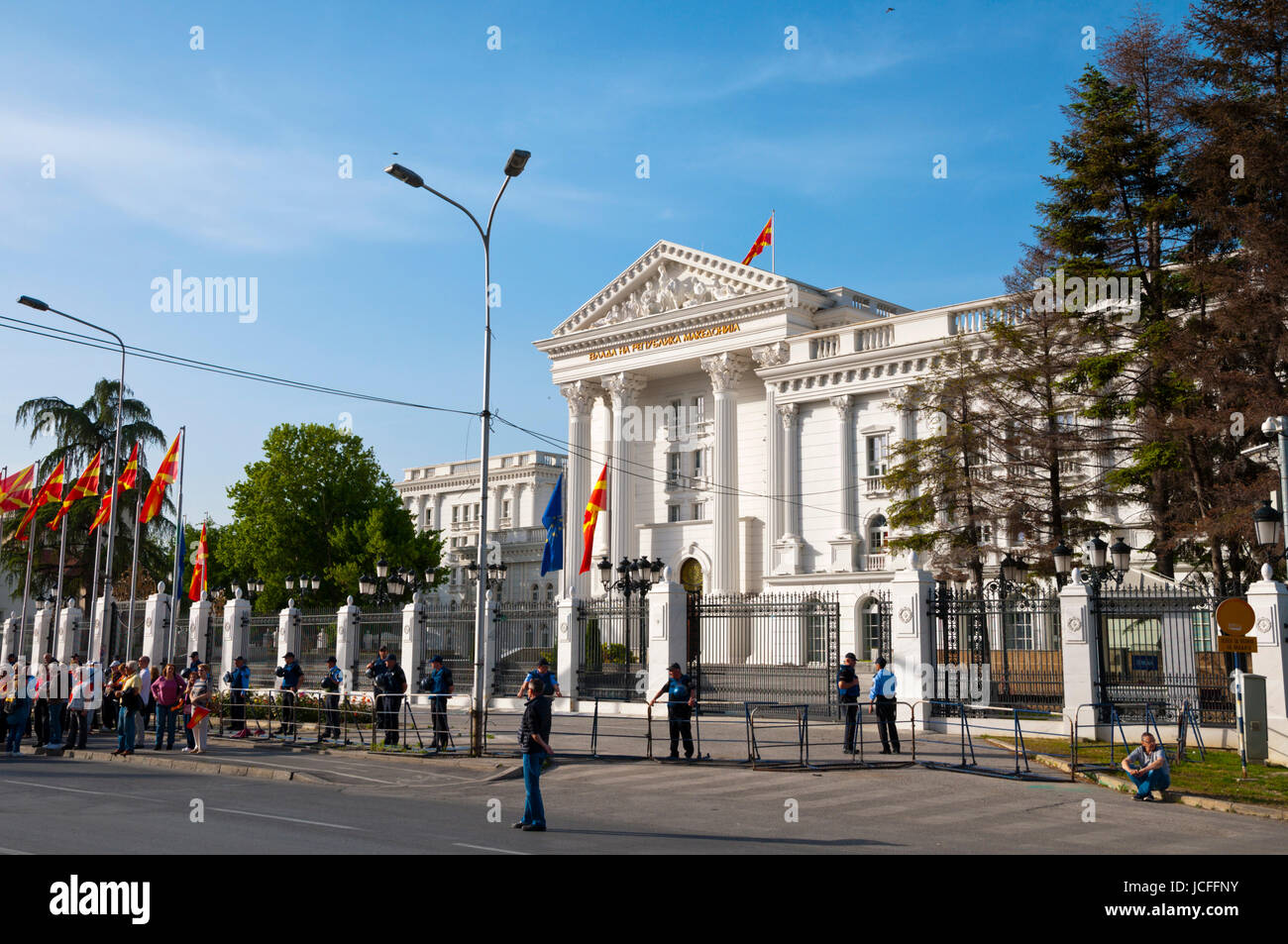 Government building, at Llinden boulevard, with demonstrators and ...