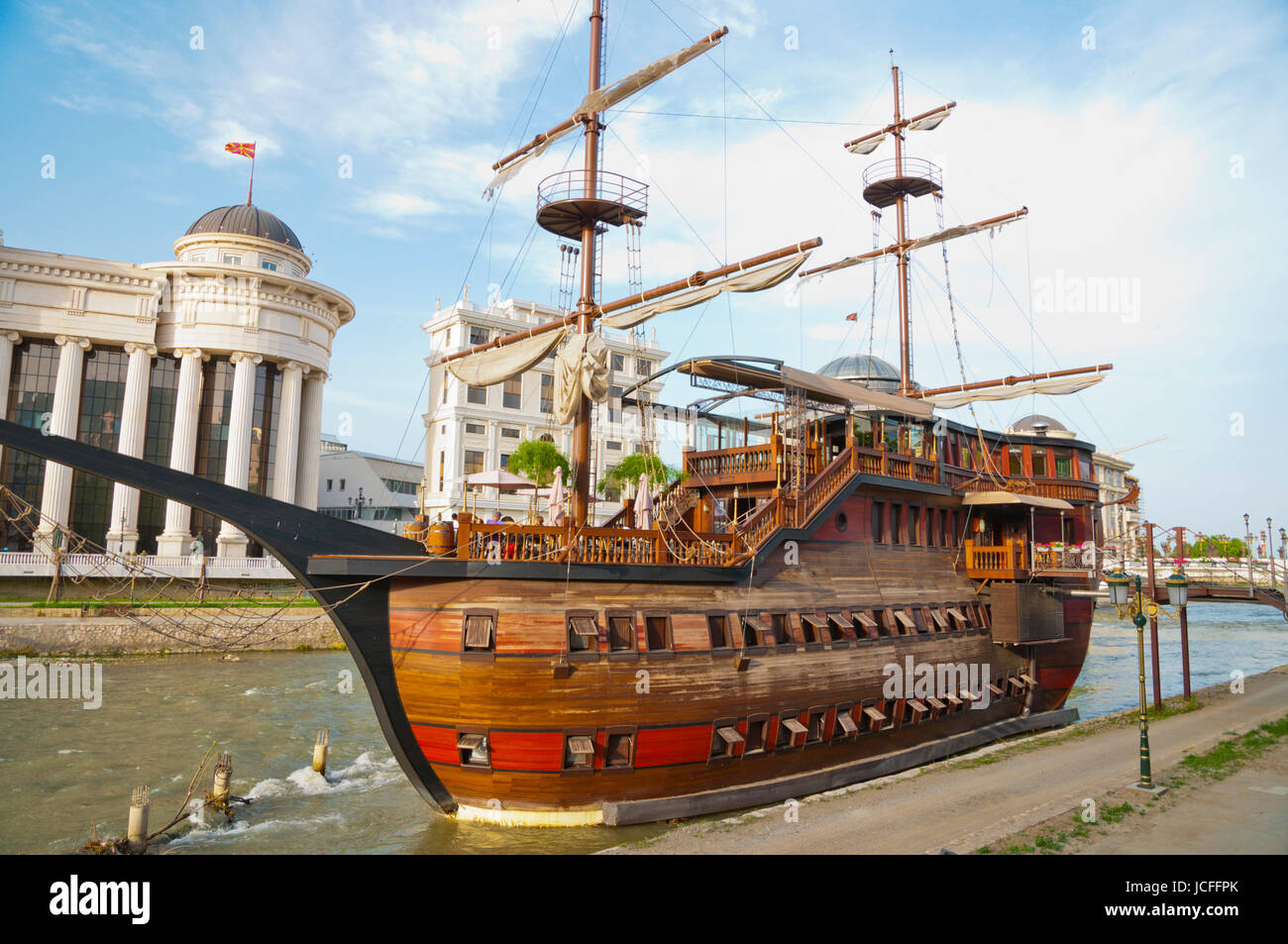 Galleon boat restaurant, Vardar river, Skopje, Macedonia Stock Photo ...
