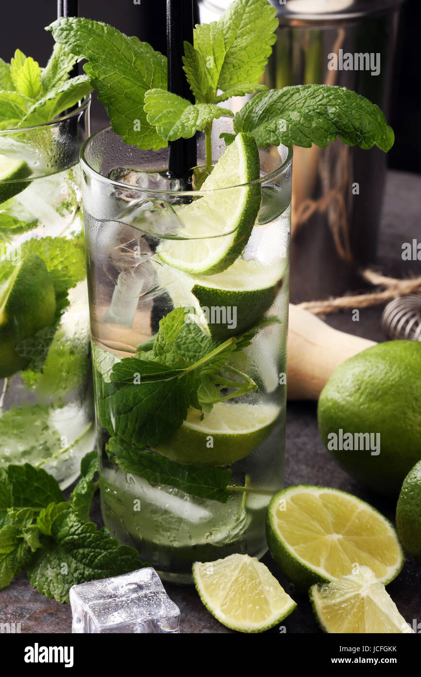 Mojito cocktail with lime and mint in highball glass Stock Photo - Alamy