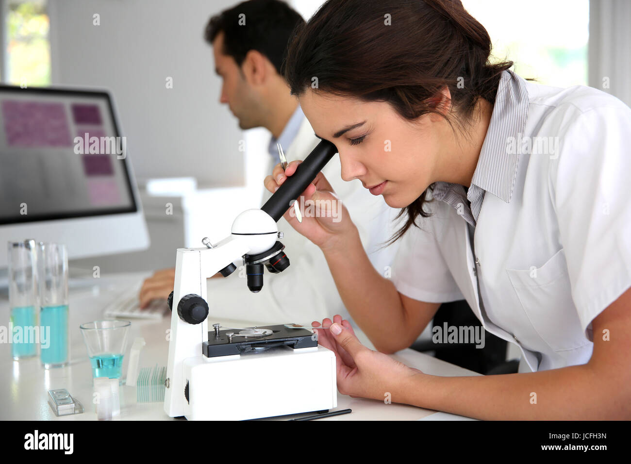 Closeup Woman Looking Through Microscope High Resolution Stock ...
