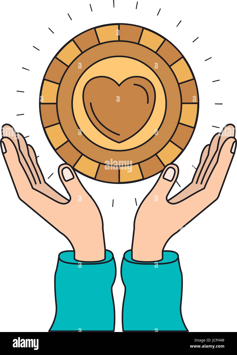 colorful silhouette hands with floating golden coin with heart shape ...