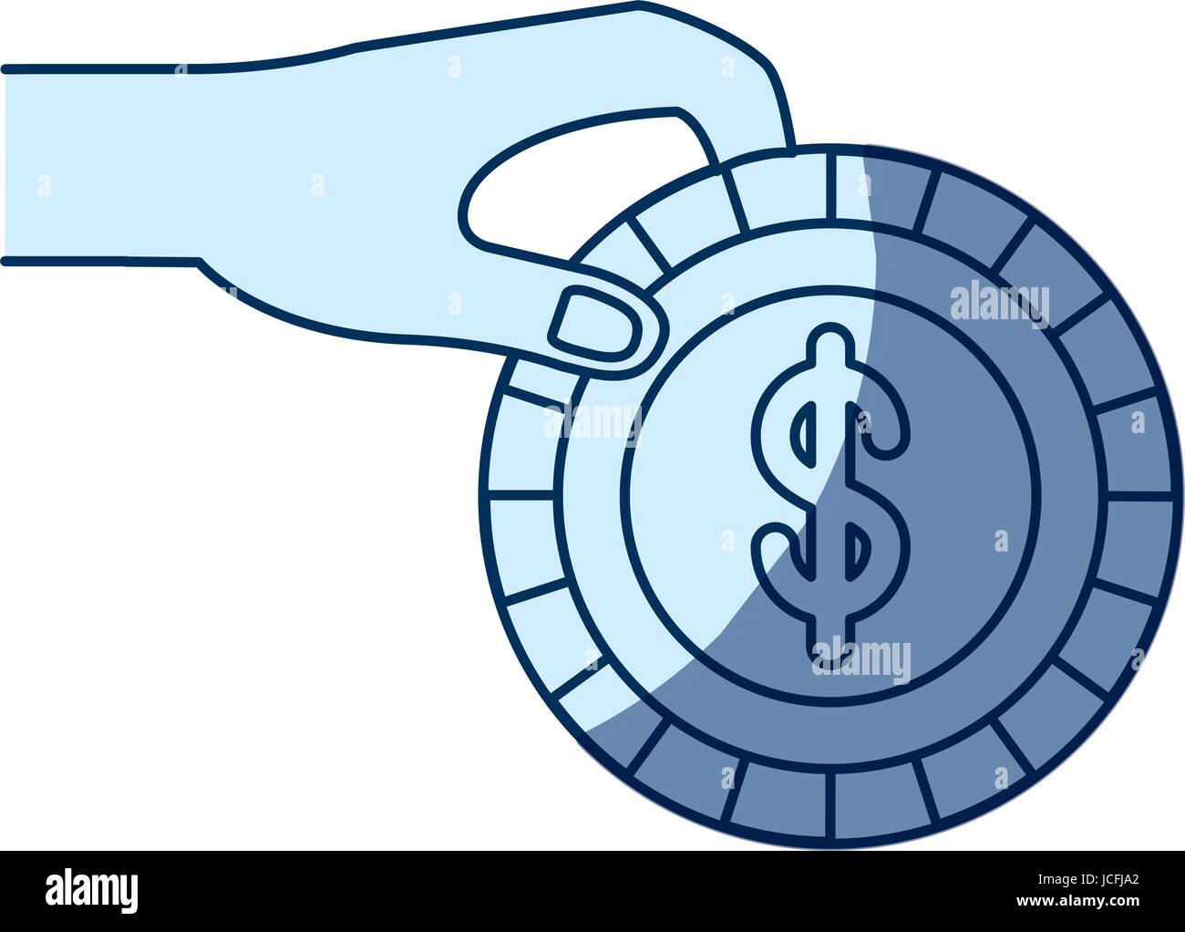 blue color silhouette shading of side view of hand holding a coin with ...