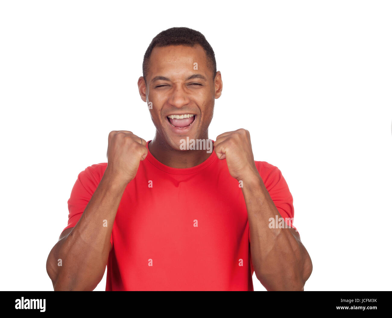 Winner men in red isolated on a white background Stock Photo - Alamy