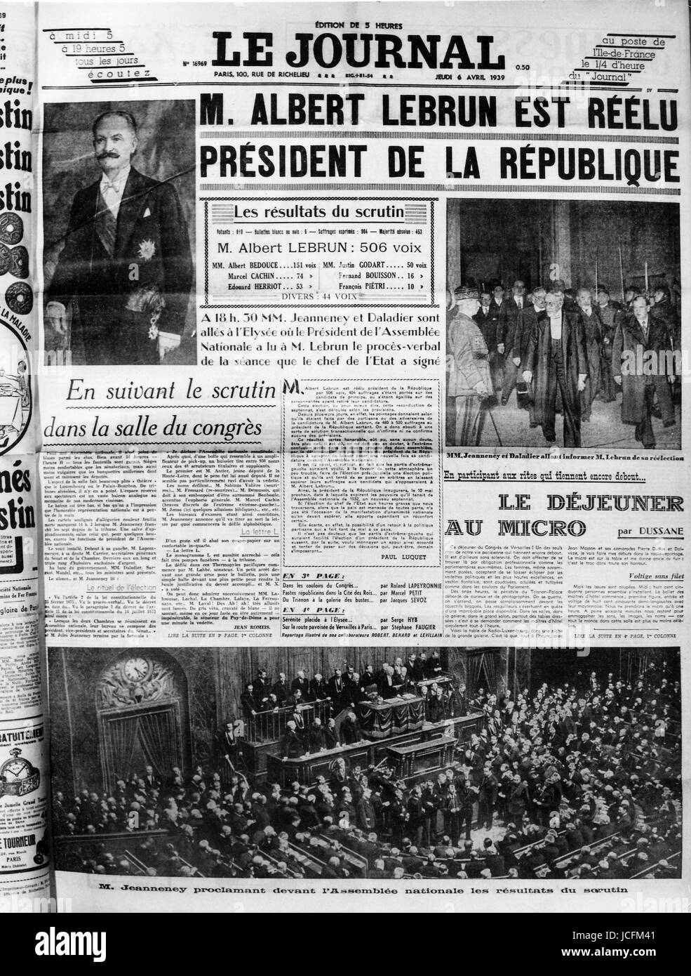 April 6, 1939. Front page of the Newspaper. Albert Lebrun is re-elected ...
