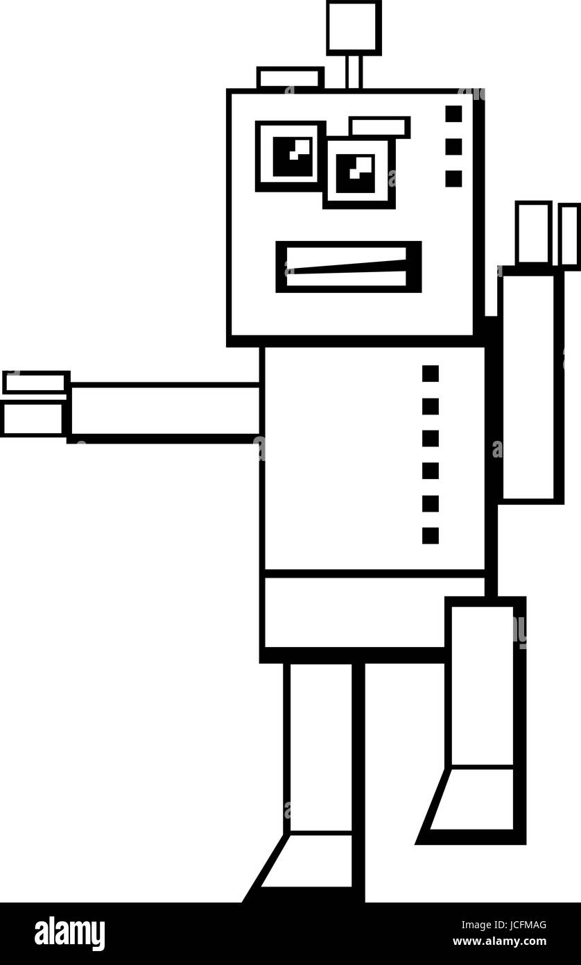 Black and White Cartoon Illustration of Robot Science Fiction Character ...
