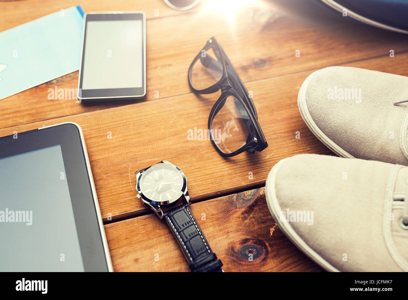 close up of gadgets and traveler personal stuff Stock Photo - Alamy