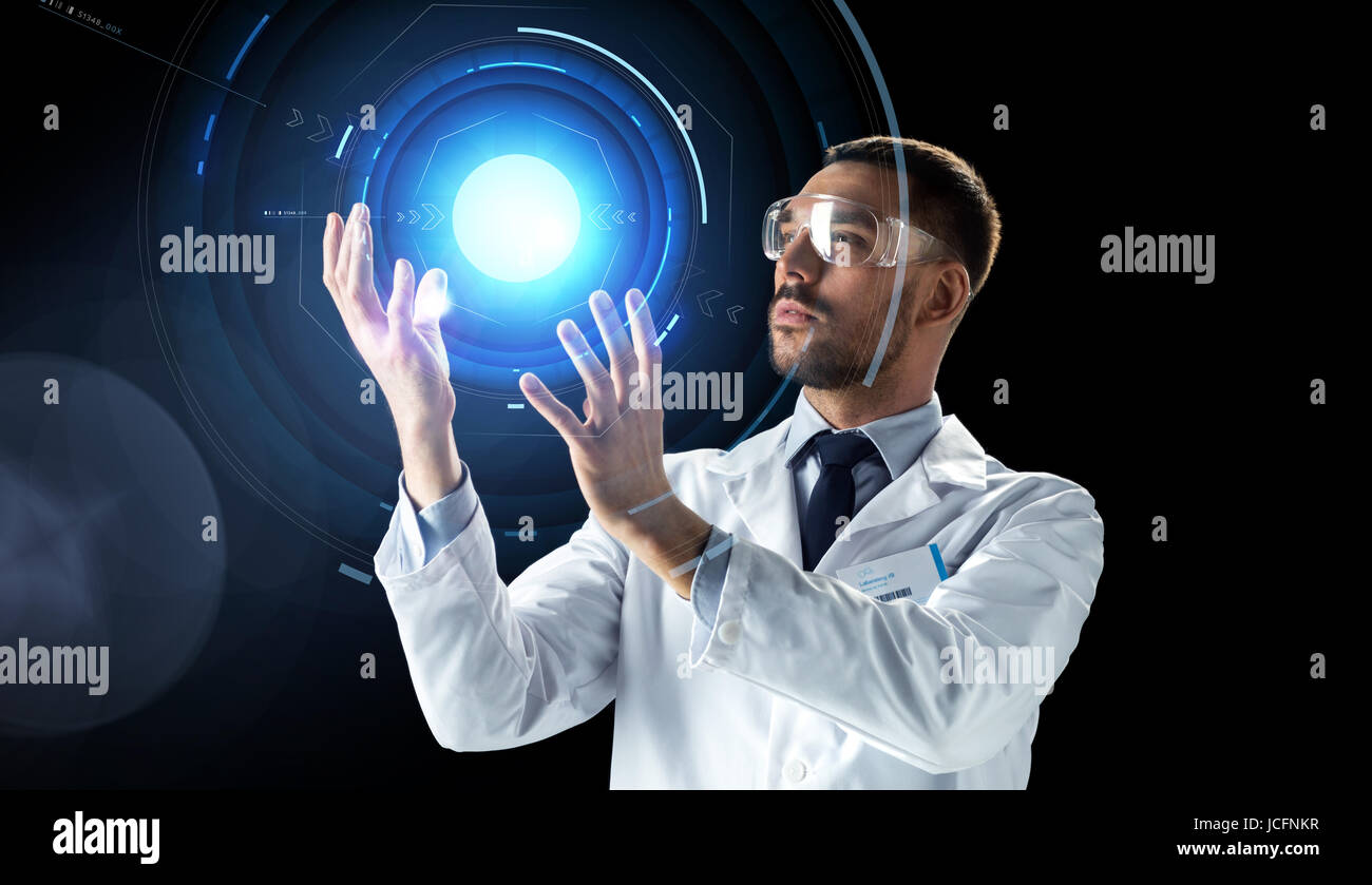 scientist in lab goggles with virtual projection Stock Photo - Alamy