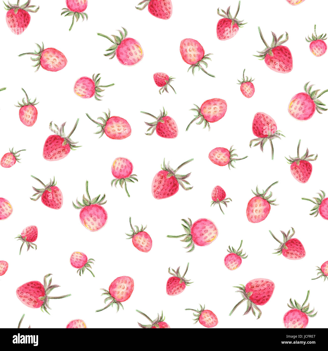 Watercolor strawberries seamless pattern. White background with sweet ...