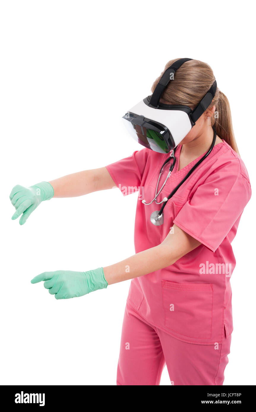 Medical nurse lady working with vr goggles isolated on white background ...
