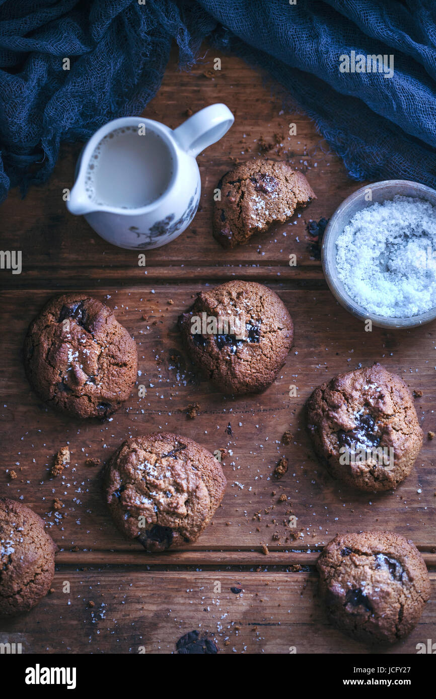 Coconut flour chocolate chip cookies on a rustic wooden table Stock ...