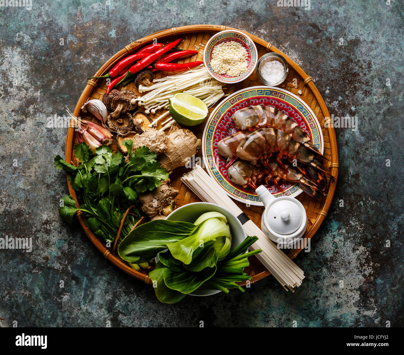 Ingredients for cooking Asian food with Tiger shrimps, udon noodles ...