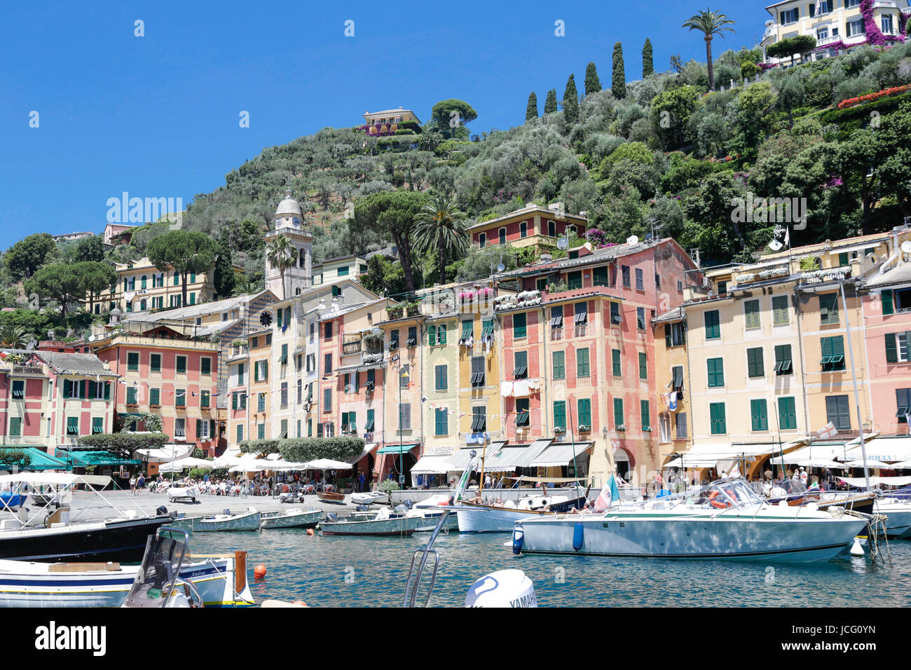 Portofino harbor with colorful historical house in the background ...
