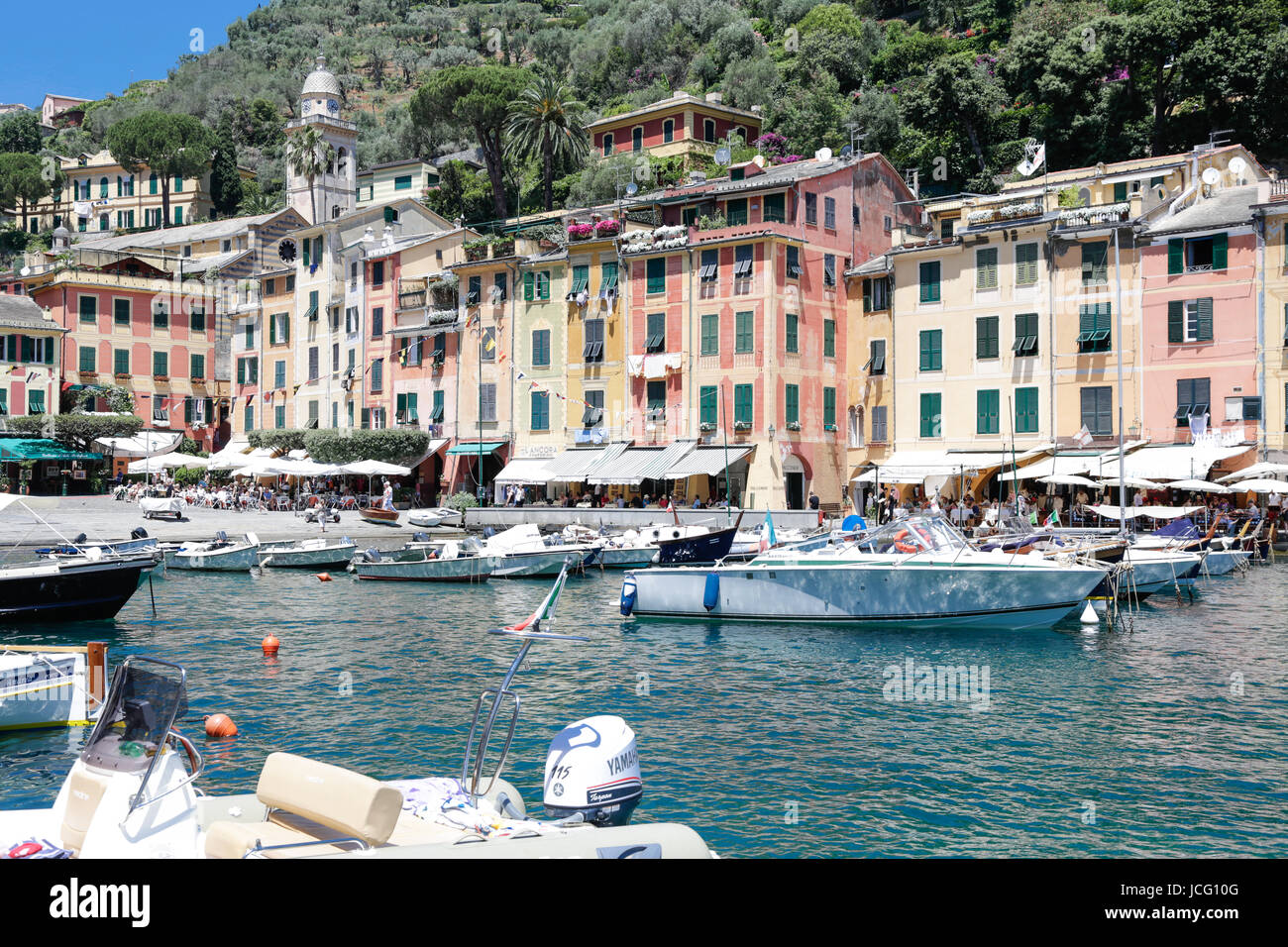 Portofino harbor with colorful historical house in the background ...