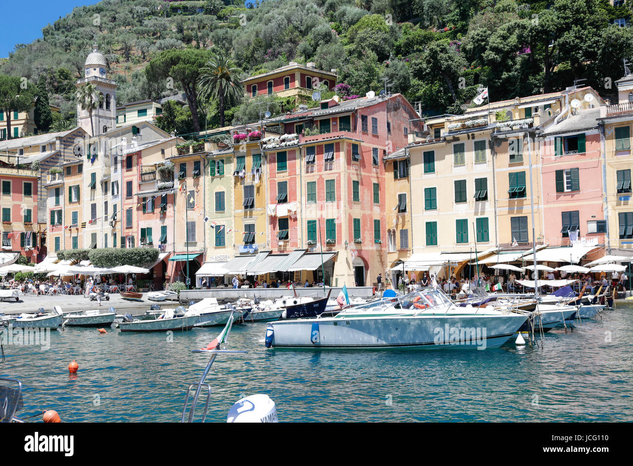 Portofino harbor with colorful historical house in the background ...