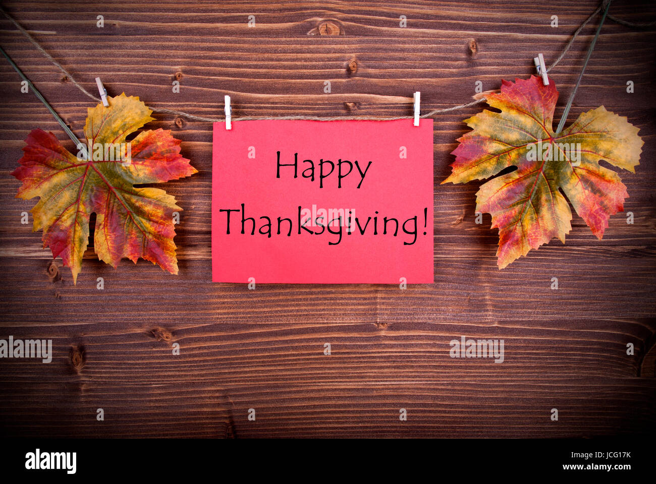 Red Tag with the Words Happy Thanksgiving and Leaves Hanging on a Line ...
