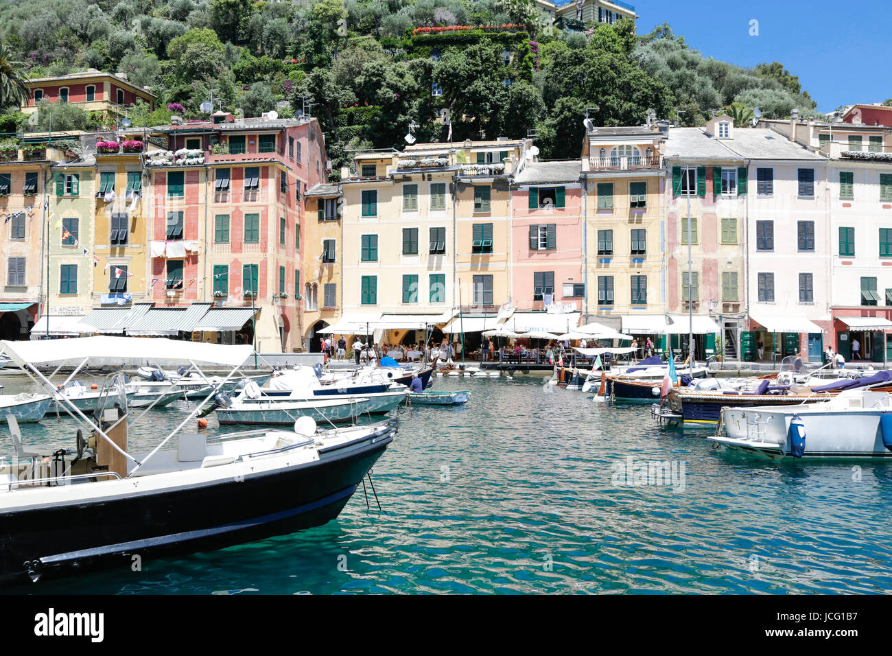 Portofino harbor with colorful historical house in the background ...
