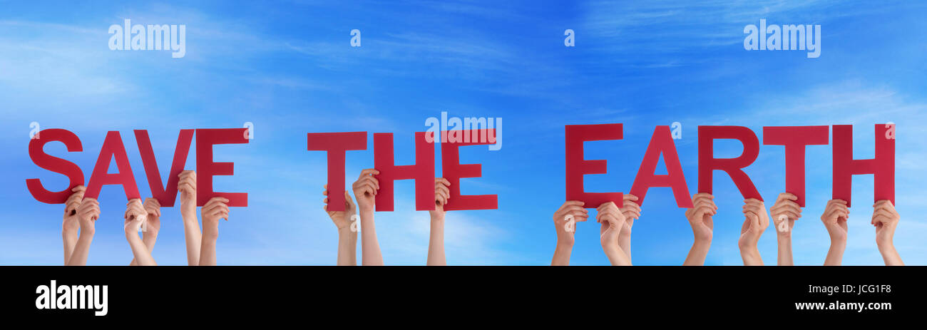 Many People Holding Save The Earth in the Sky Stock Photo - Alamy
