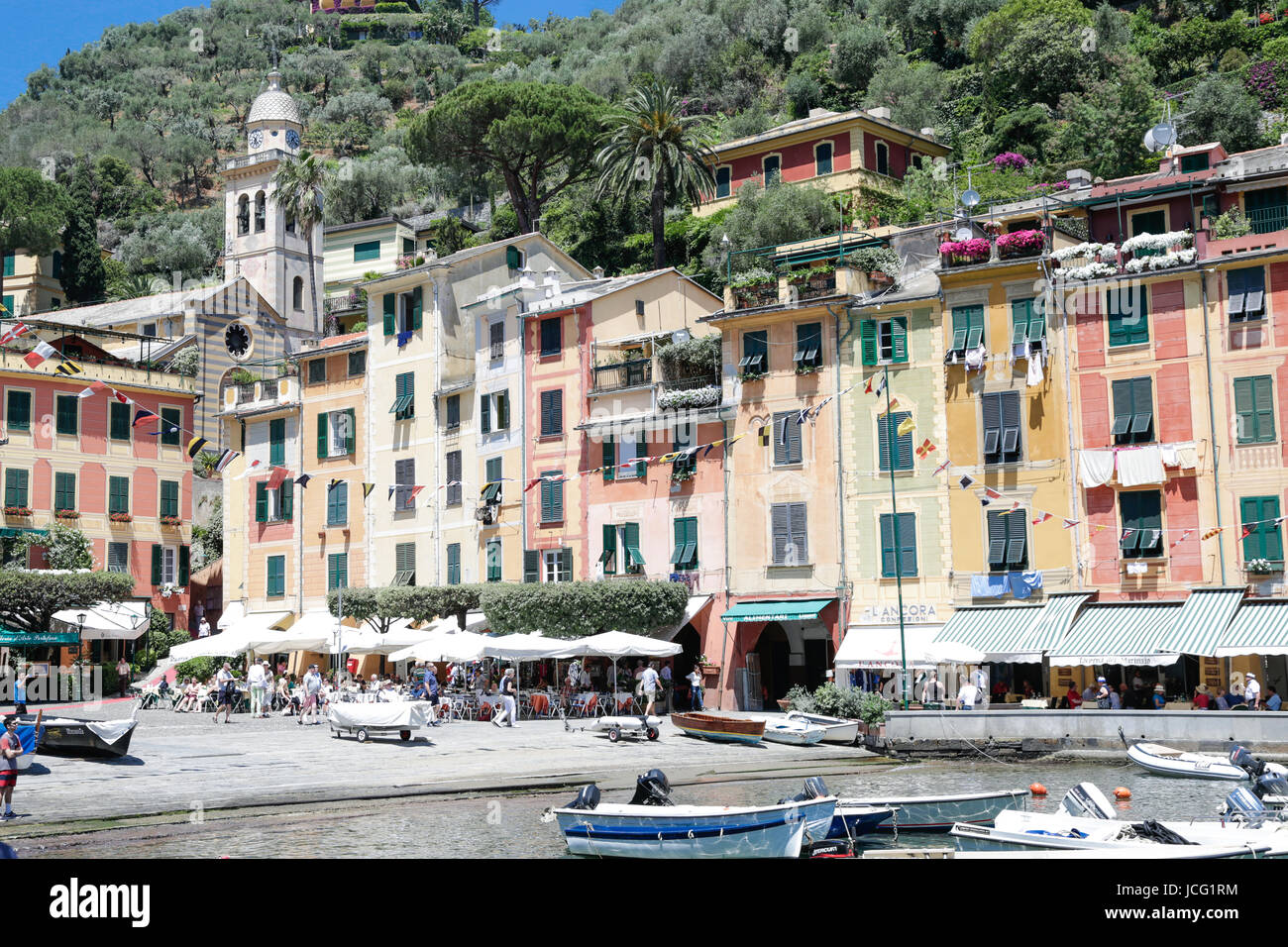 Portofino harbor with colorful historical house in the background ...