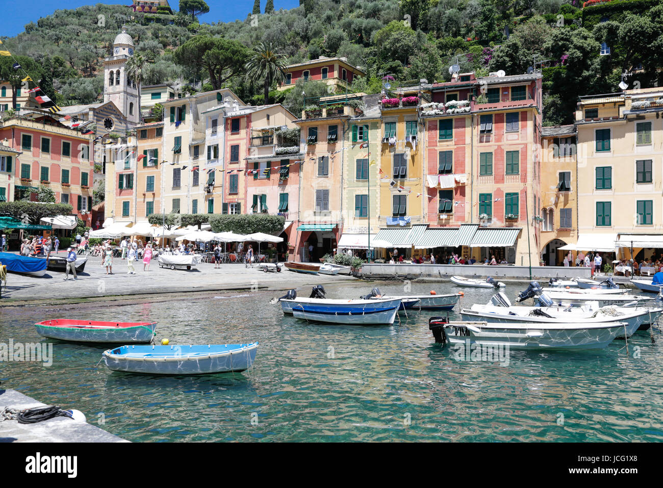 Portofino harbor with colorful historical house in the background ...
